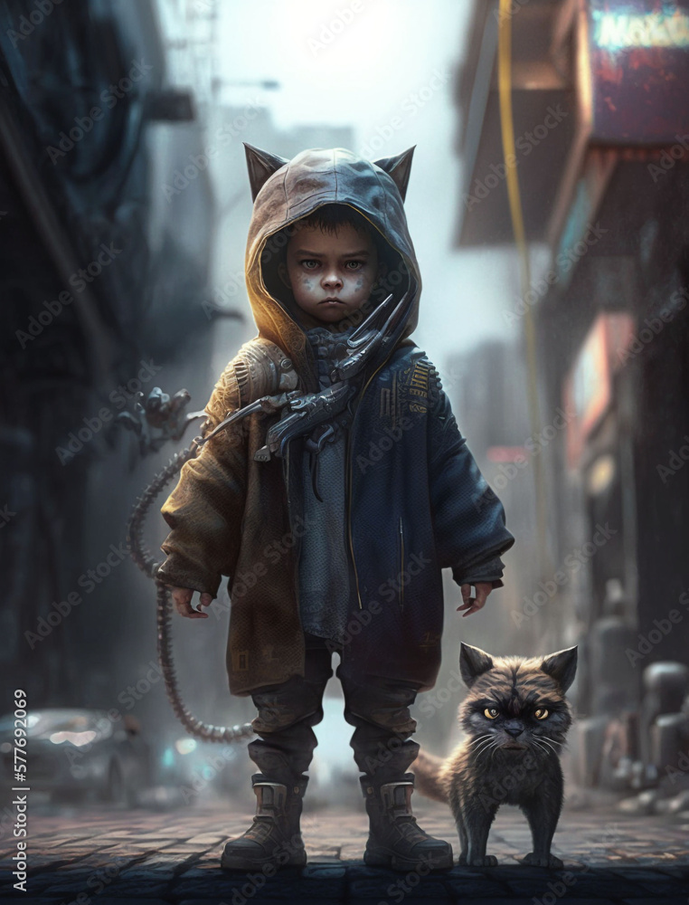 Cyberpunk Kid and Monster Cat Illustration Generative ai Stock ...