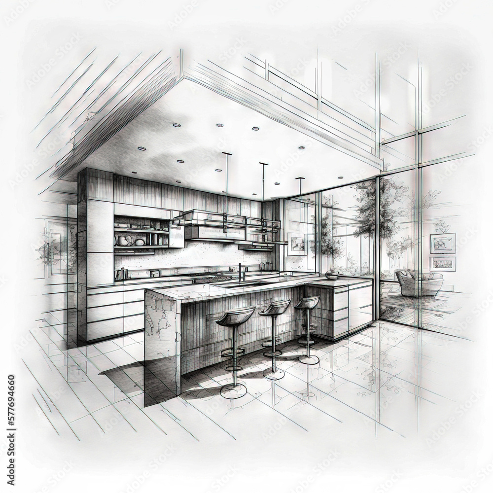 Modern kitchen interior design sketch. Concept for designers and ...