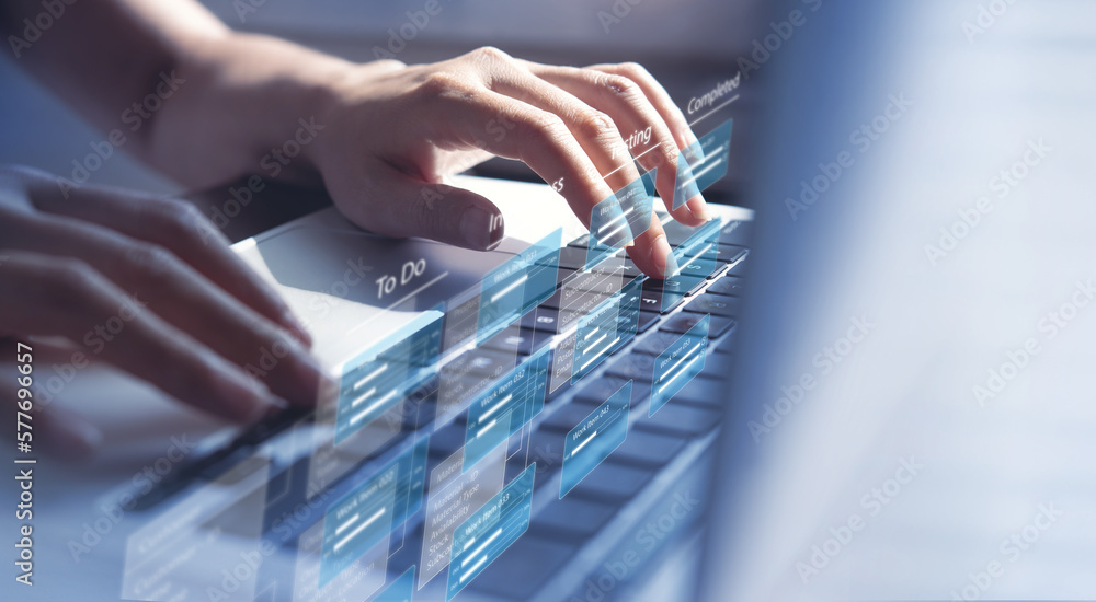 Agile software development. Business developer using laptop computer ... Agile software development. Business developer using laptop computer ...
