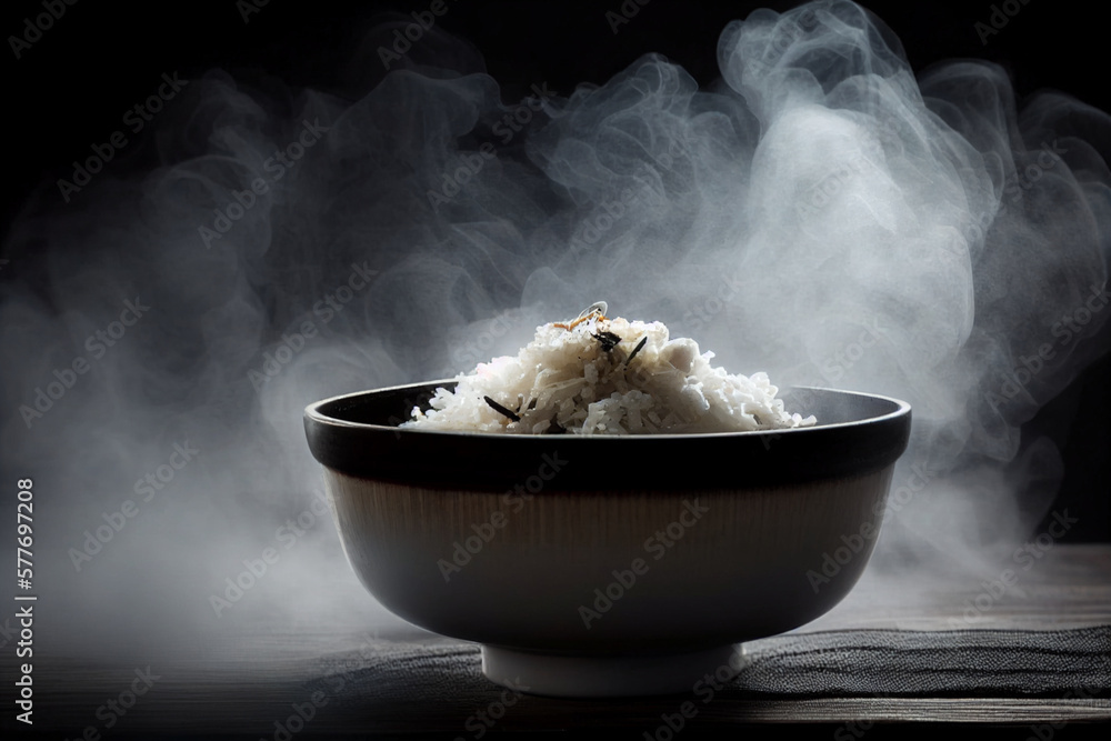 White steam rice with smoke on the wooden table,dark,isolate background ...