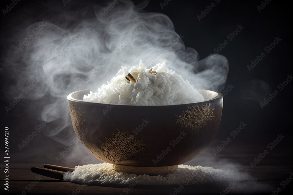 White steam rice with smoke on the wooden table,dark,isolate background ...