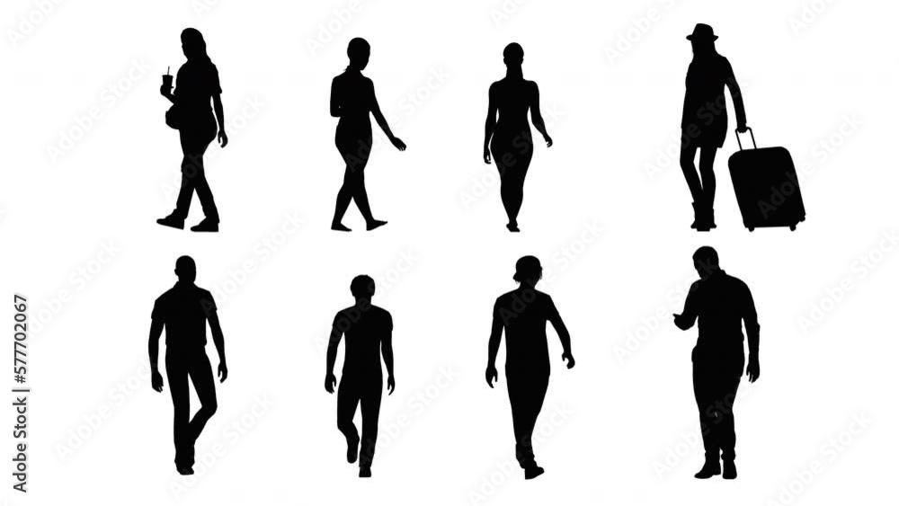 Collection of Black Shape People Walking on White Background Alpha ...