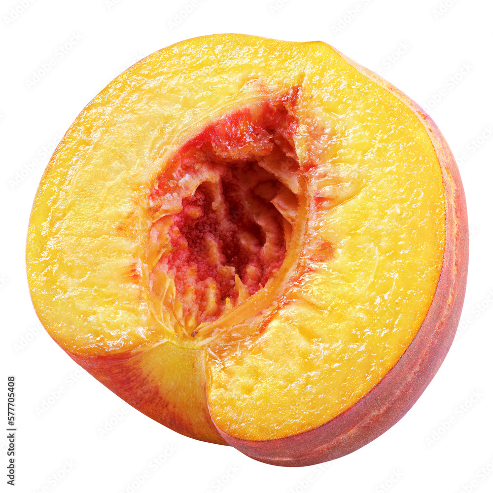 Ripe half peach fruit without nut isolated on transparent background ...
