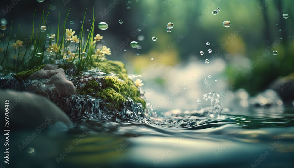 Beautiful spring detailed close up stream of fresh water with young ...