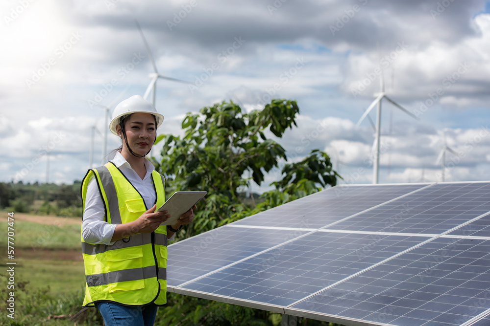person holding solar panel. Asia woman engineer on Solar panel clean ...