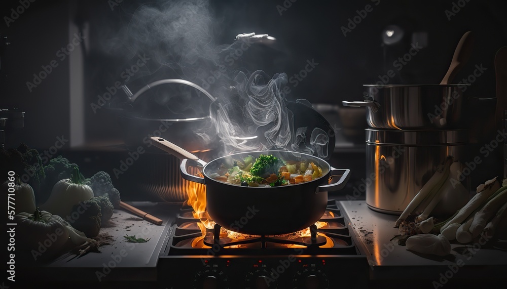 Boiled casserole with steam on cooker, dark kitchen indoor background ...