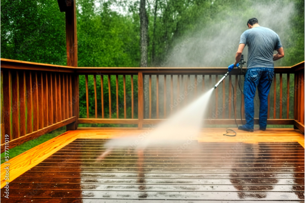 Spring cleaning works in the garden, washing the driveway, cleaning the ...