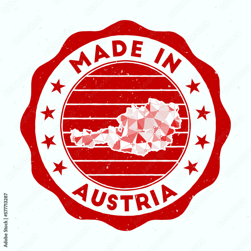 Made In Austria. Country round stamp. Seal of Austria with border shape ...