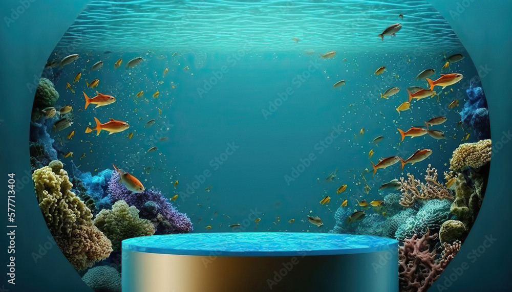 Ocean underwater scene with empty round minimal product podium display ...