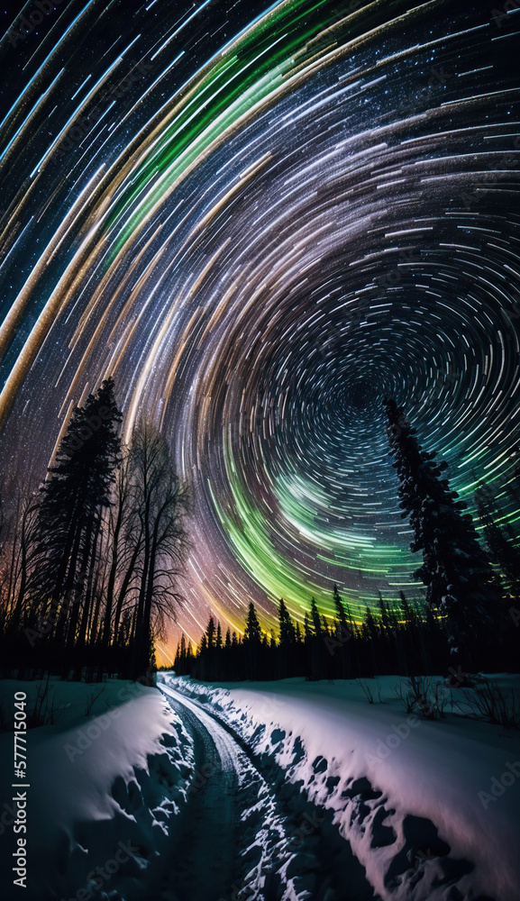 Breathtaking landscape with starry night sky and coniferous forest ...