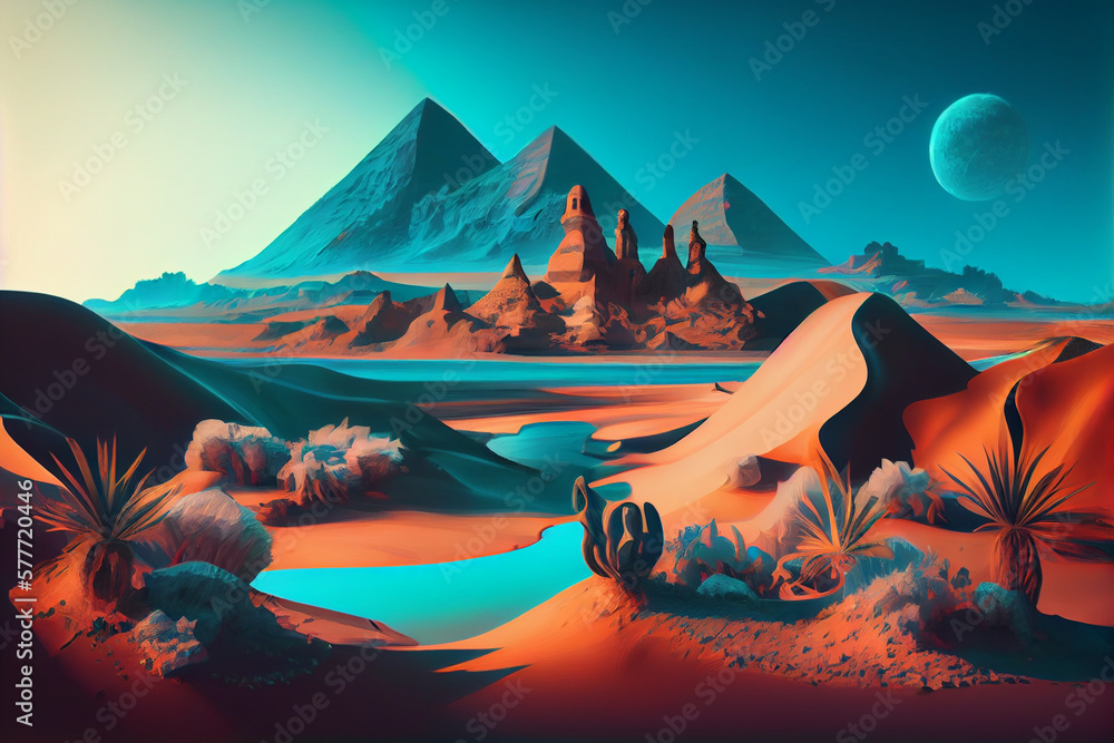 Pyramids at sunset, Cairo, Egypt. Fantasy Egyptian landscape ...