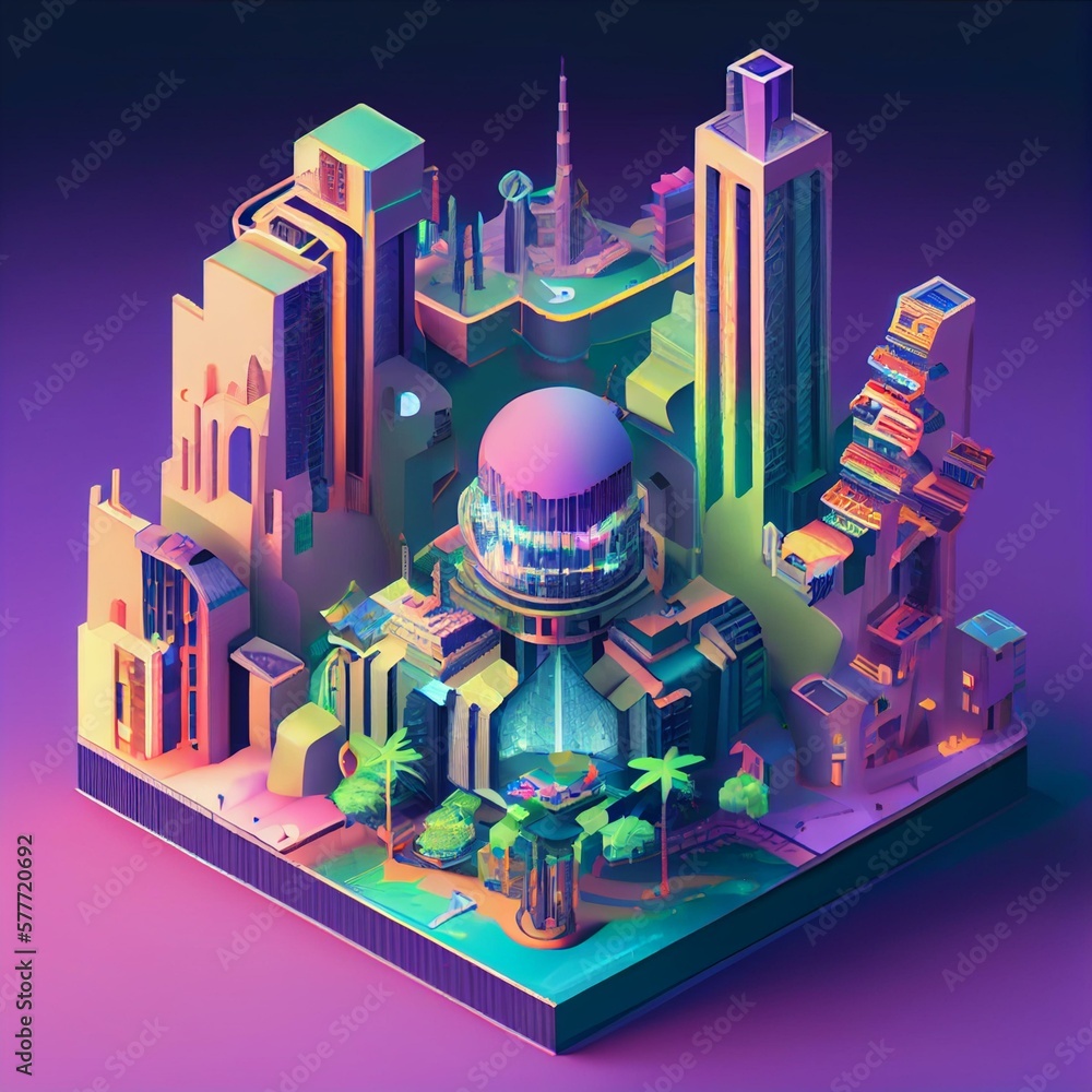 An isometric view of a city of the future, where holographic ...