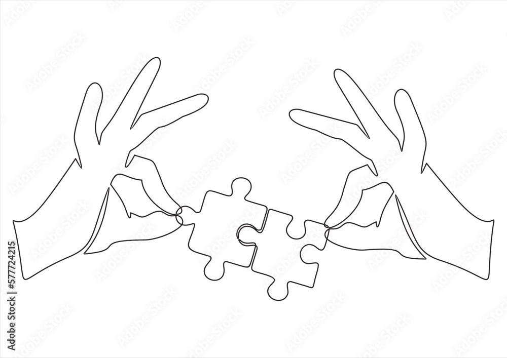 One continuous line drawing of two hands holding puzzle pieces to unite ...
