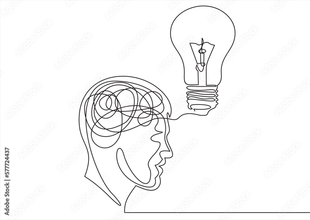 Continuous one drawn line of a man thinking with light bulb in front of ...