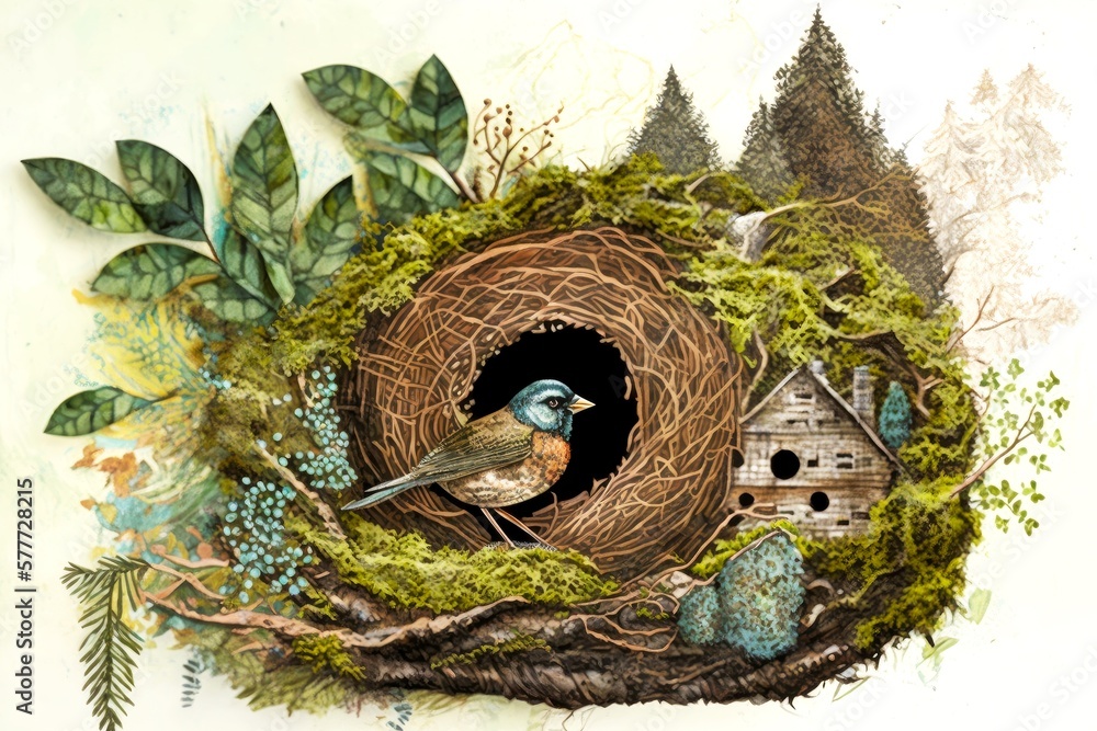 mixed media painting with forest and nest collage art paper collage ...