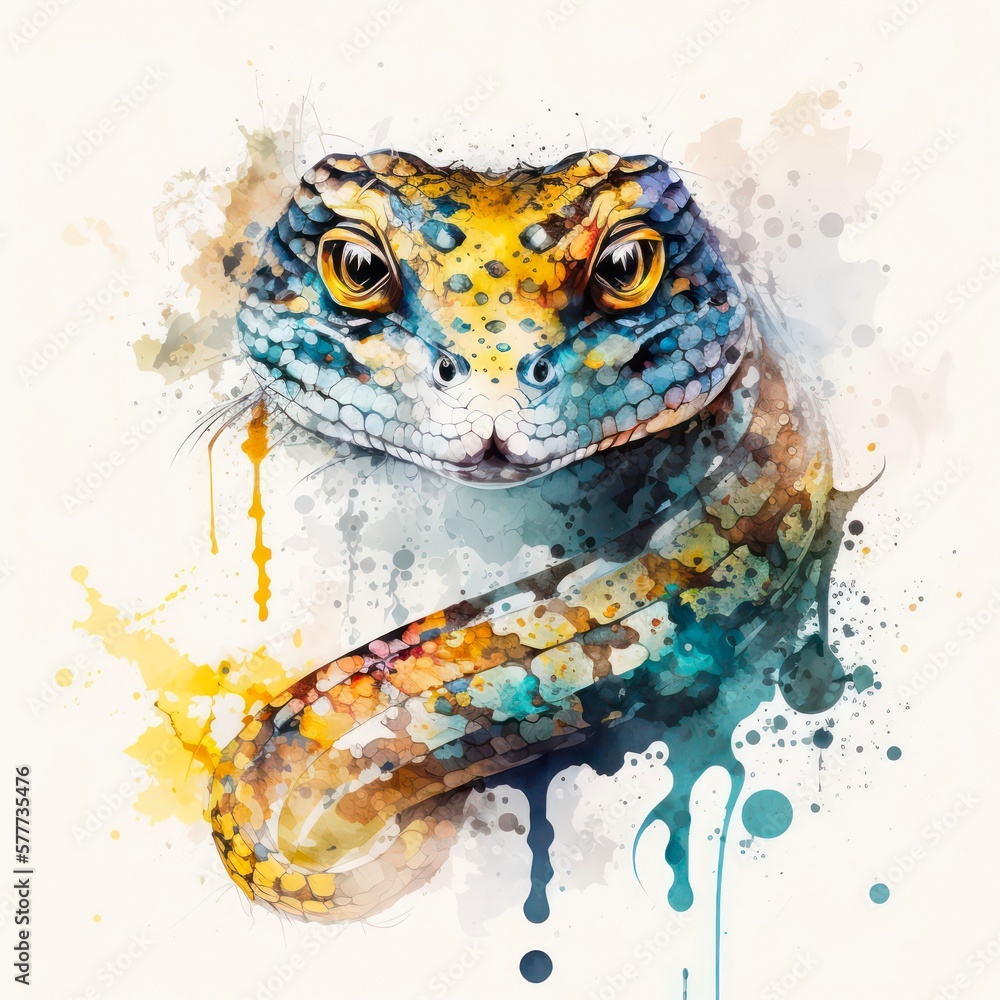 Colorful watercolor illustration of an exotic green snake. Portrait of ...