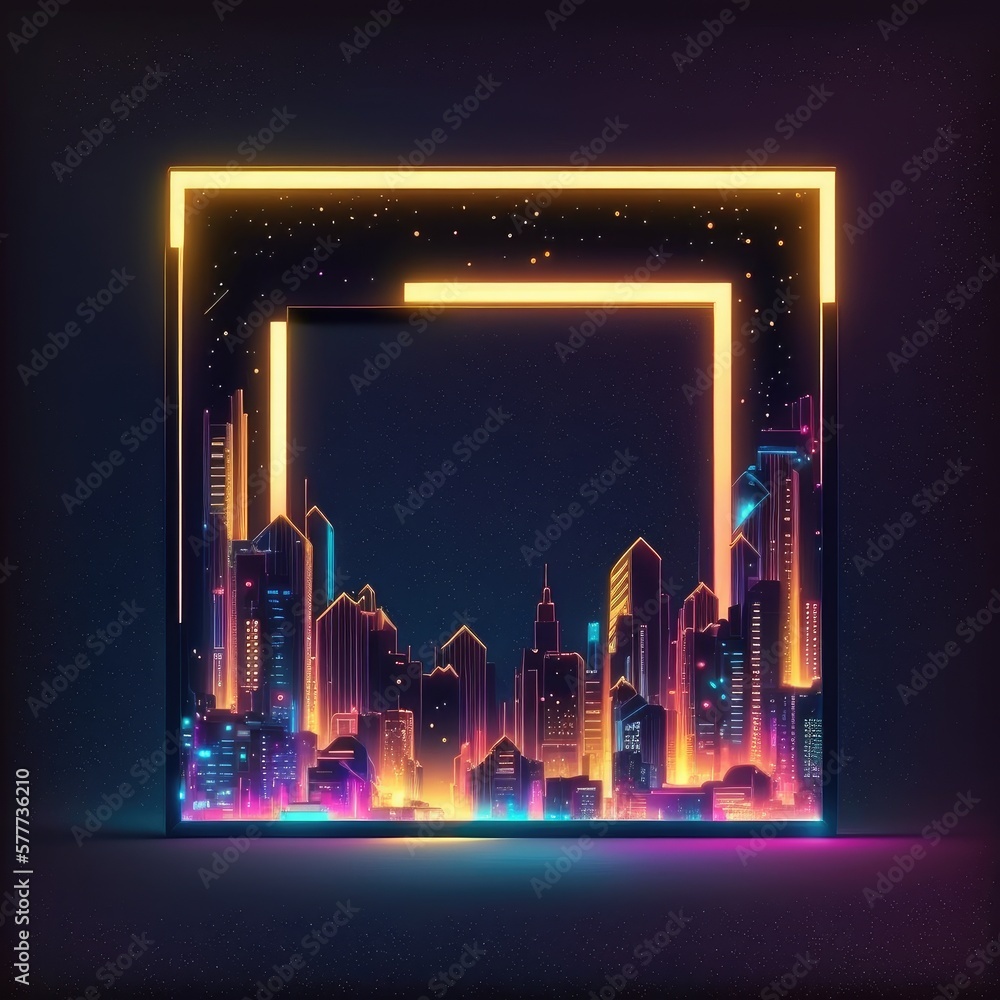 Futuristic of neon glowing in square shape of cityscape. Concept of ...