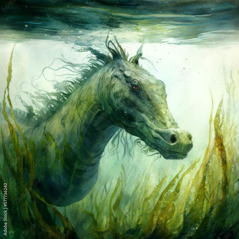 Creepy Celtic Folktale Creature, Green Underwater Kelpie Swimming in a ...