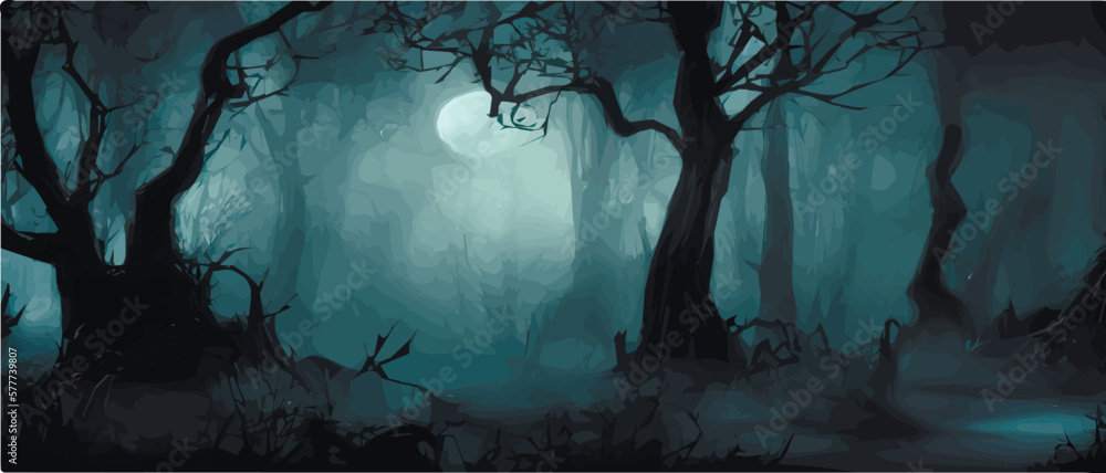 Silhouettes of trees in a dark night forest with a blue tint of fog ...