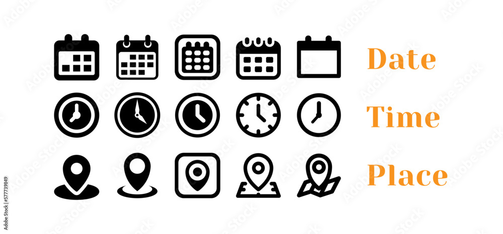 Date, Time, Address or Place Icons Symbol set Stock Vector | Adobe Stock