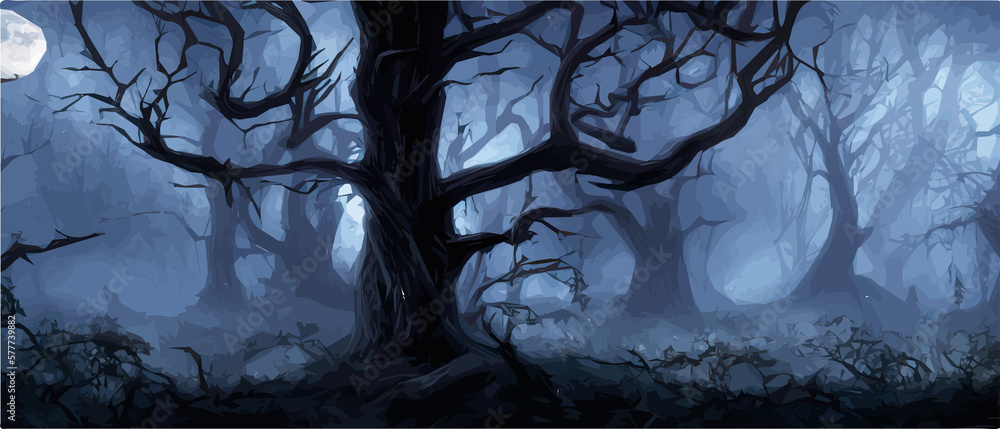 Silhouettes of trees in a dark night forest with a blue tint of fog ...