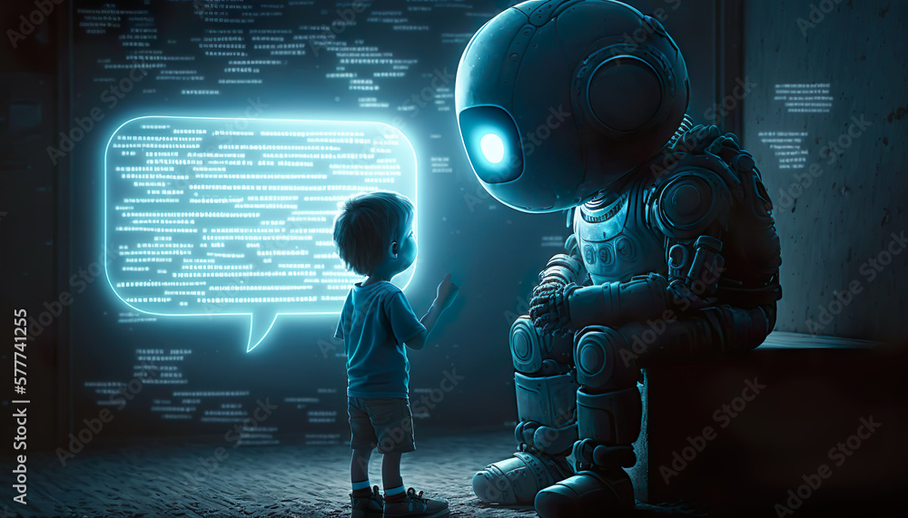 Children talking with robotic ai,chat bot.futuristic technology or ...