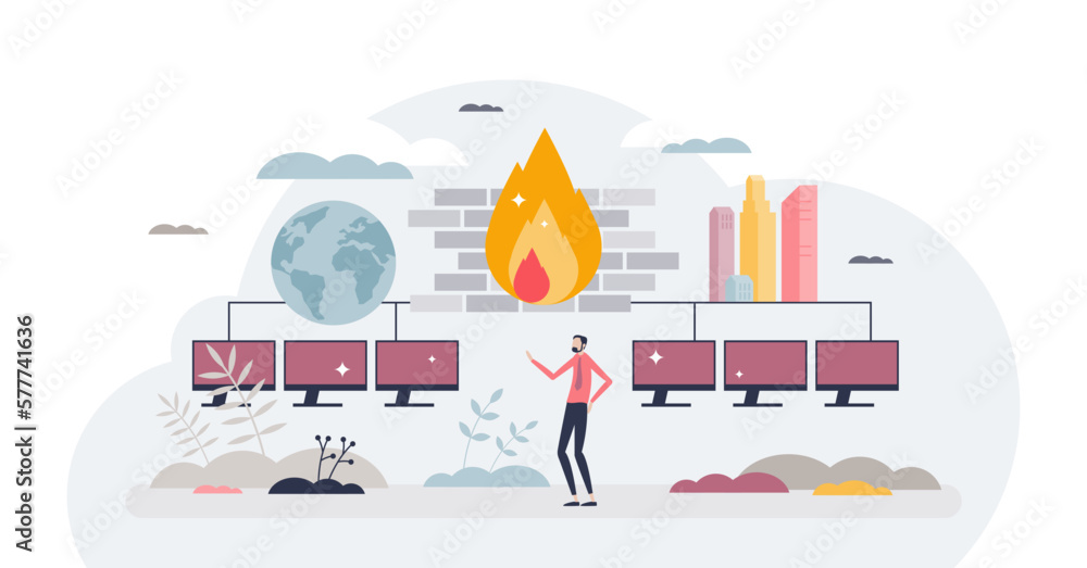 Firewall security for browsing and data protection tiny person concept ...