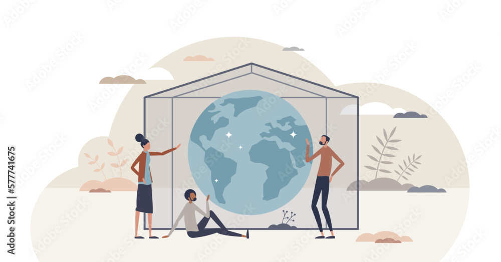 Greenhouse effect as earth gases trap in atmosphere tiny person concept ...