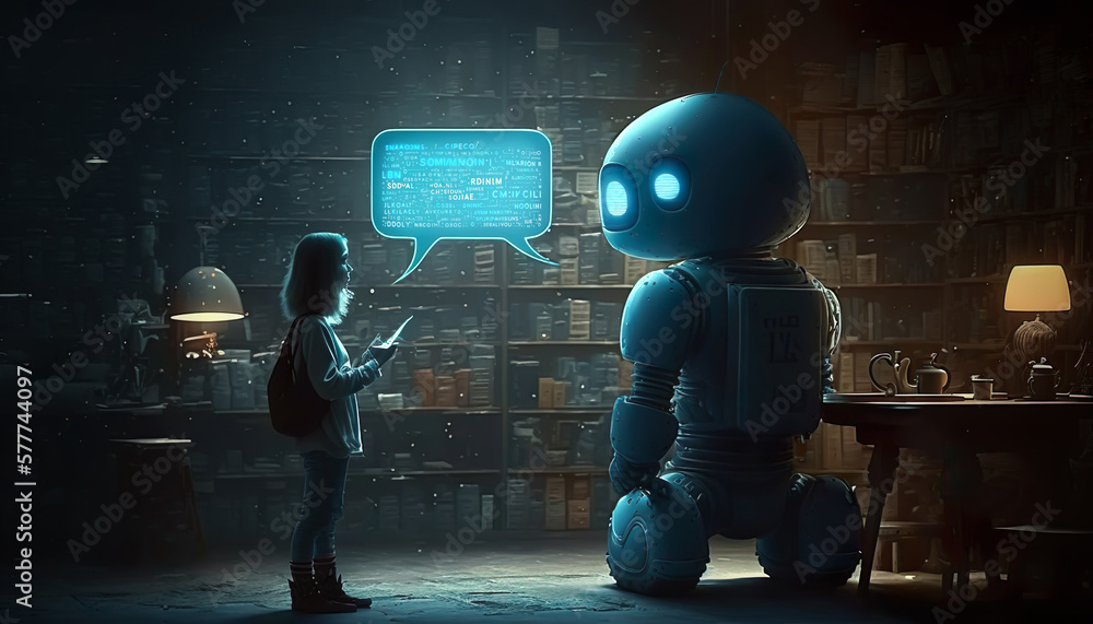 Children talking with robotic ai,chat bot.futuristic technology or ...