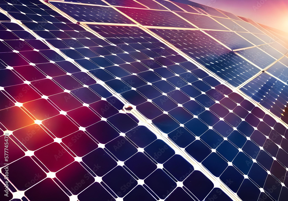 Solar panels in green field on sunset. Solar energy from solar panels ...