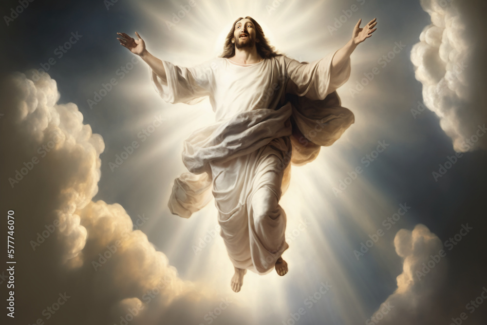 The resurrected Jesus Christ ascending to heaven above Generative AI ...