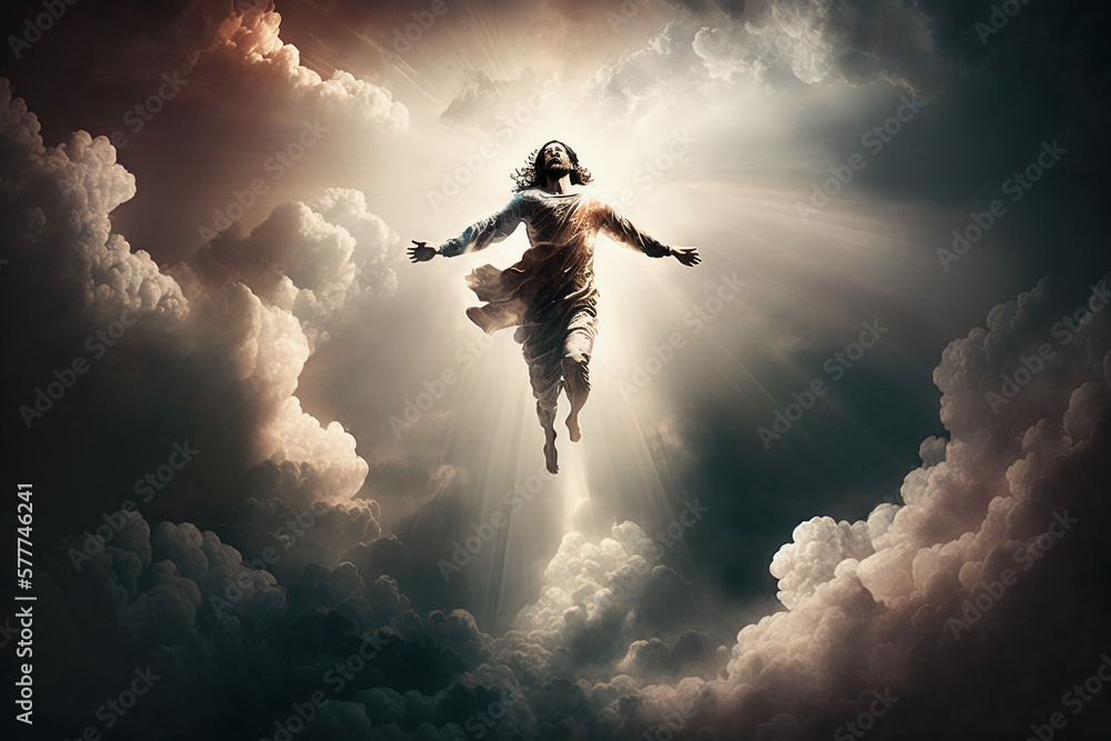 The resurrected Jesus Christ ascending to heaven above Generative AI ...