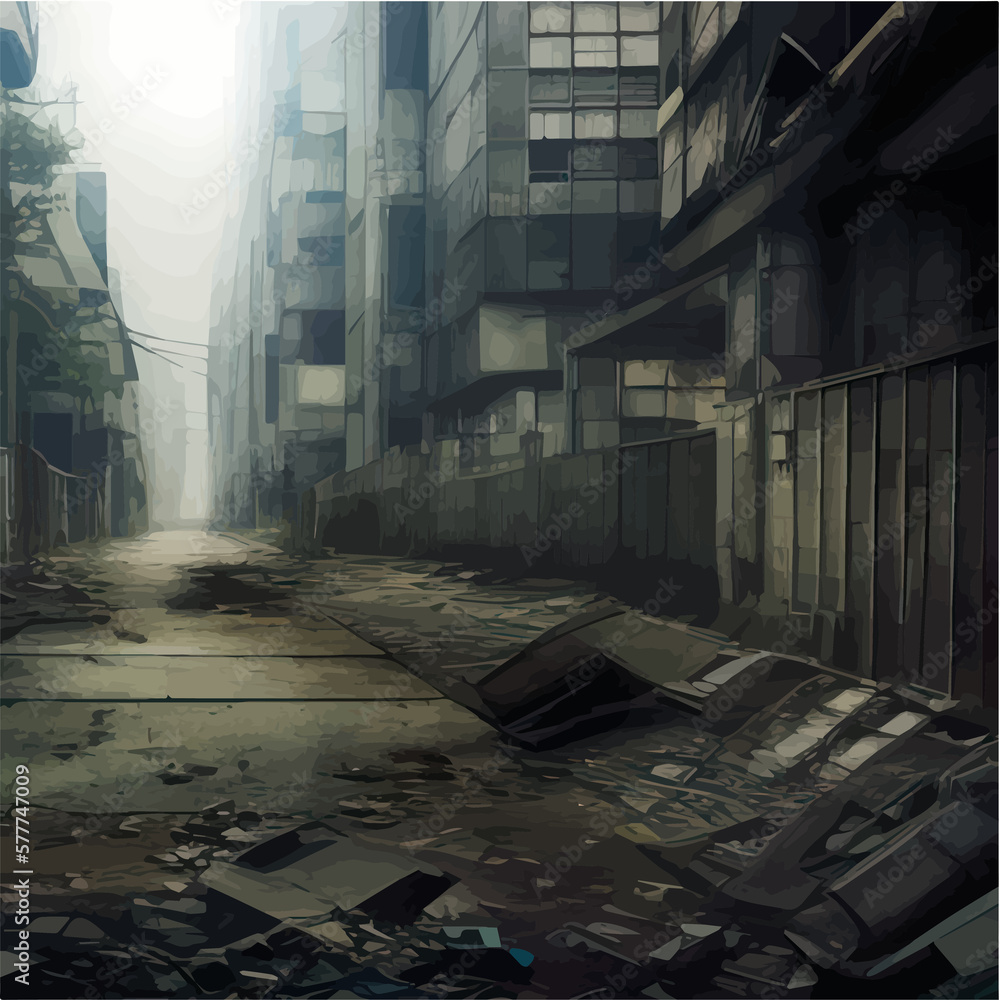 Apocalypse City Aerial view ruined city after military action or ...