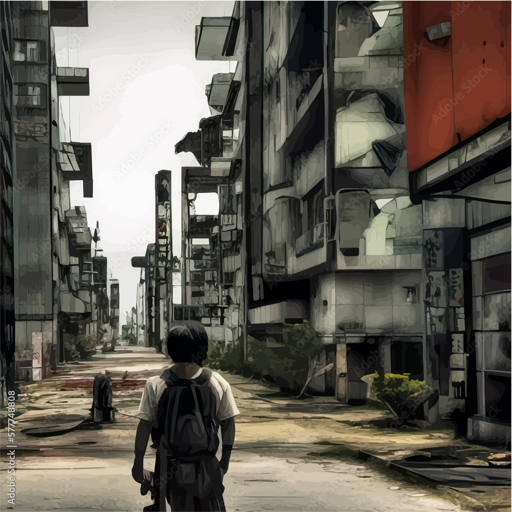 Concept apocalypse survivor, ruins city after earthquake in Turkey ...