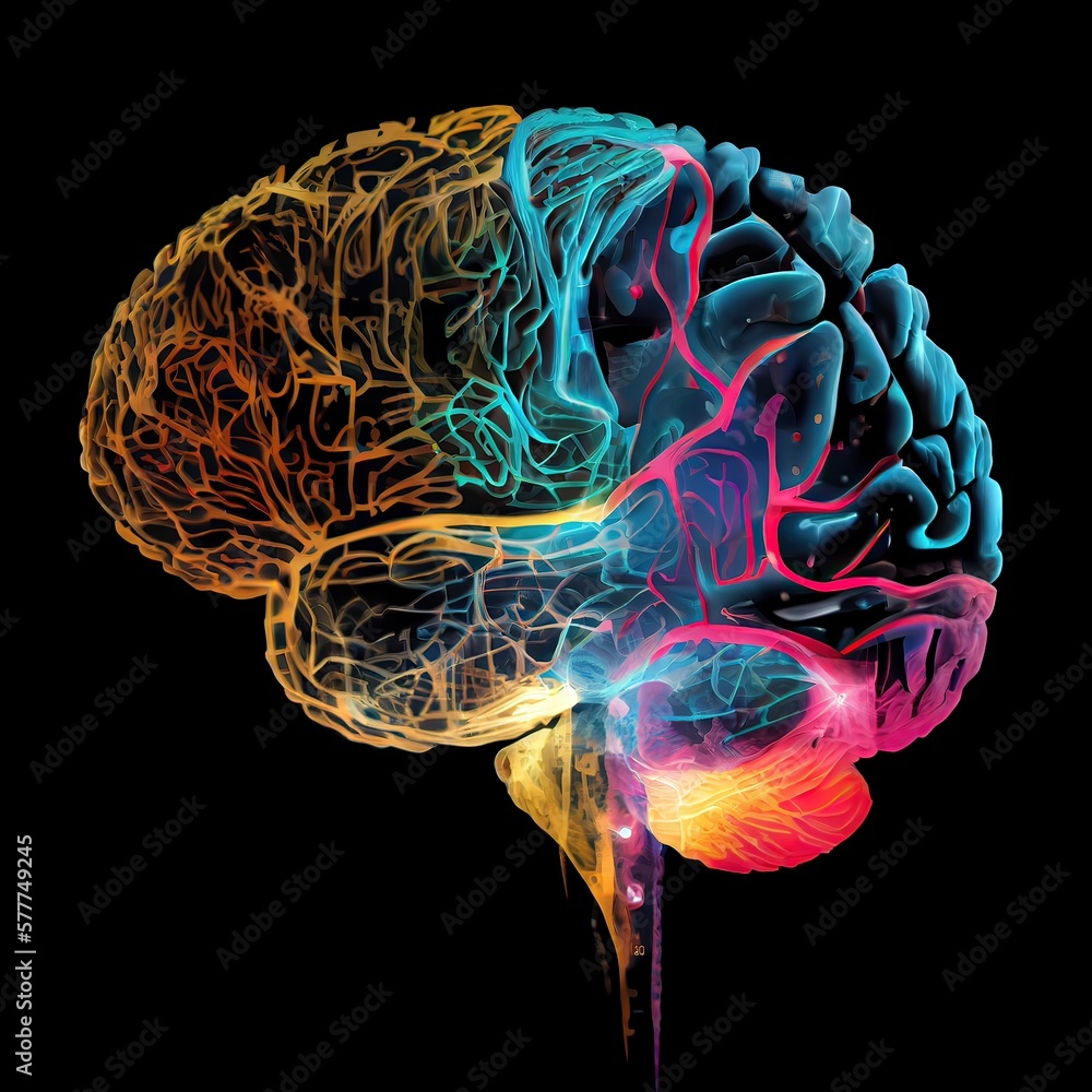 spectrum rainbow color brain with 3D shading style and wireframe ...