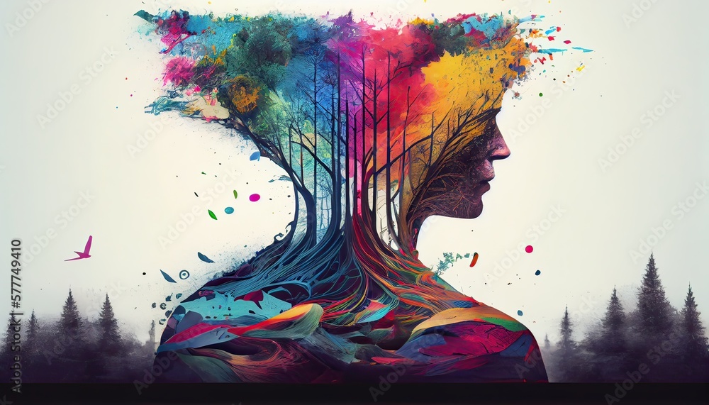 human brain concept. Creative part and colorful forest and nature ...
