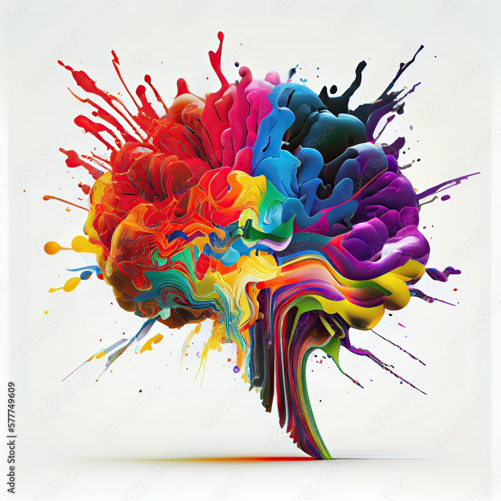 Creative art brain explodes with paints with splashes on a white ...