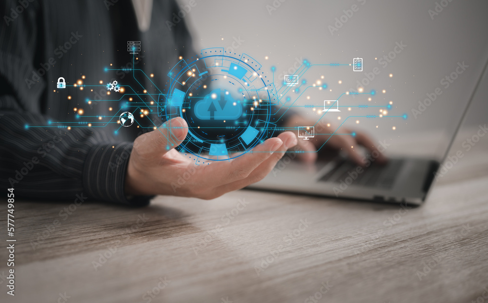 Concept of using cloud computing to store data : Business man holding ...