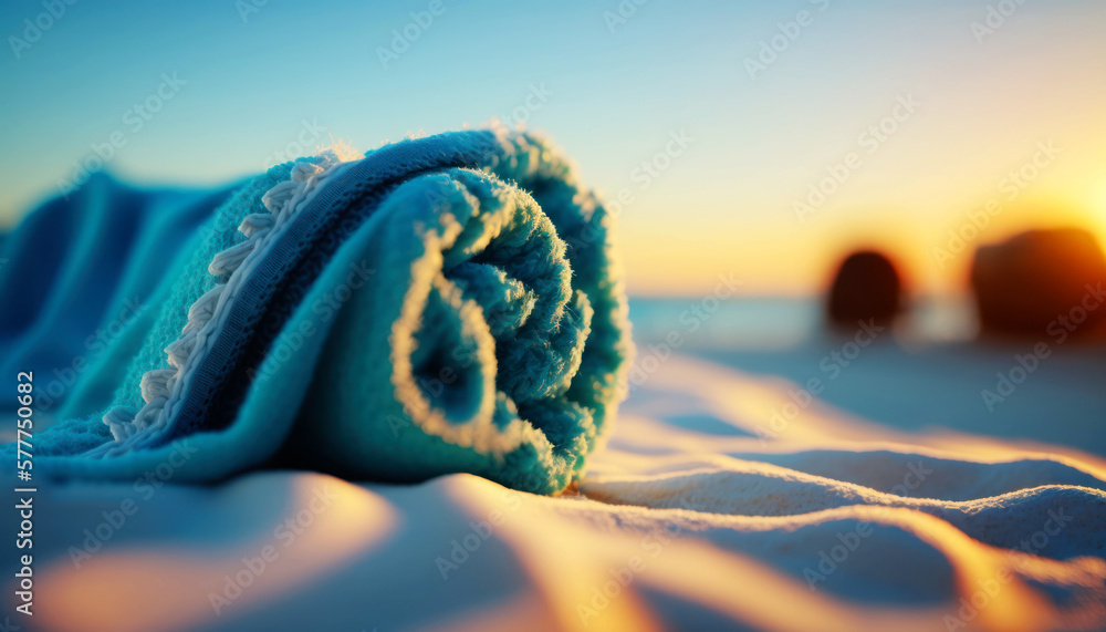 close-up view of a neatly rolled towel sitting on white sand at the ...