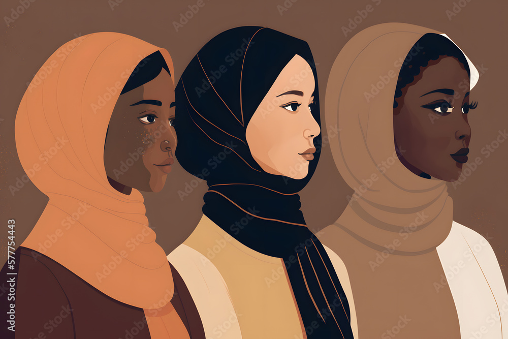 Three muslim women in hijab of different nationalities standing ...