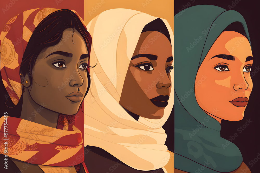 Three muslim women in hijab of different nationalities standing ...
