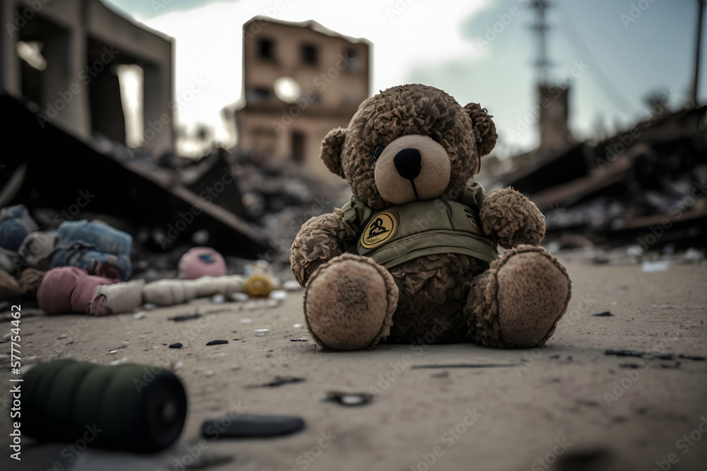 Alone Teddy bear lies rubble of house. Concept destroy life of baby ...