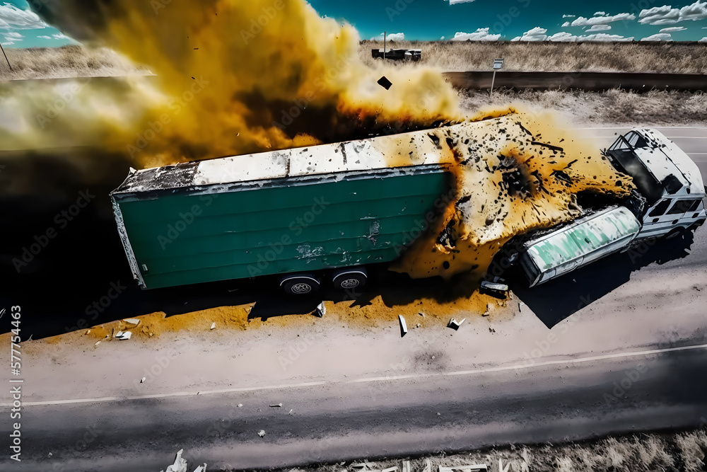 Car freight with oil and hazardous crashed on highway. Tank trucks with ...