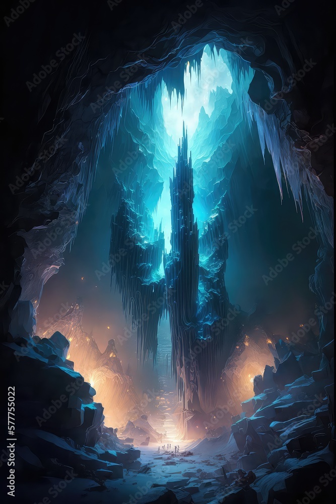 Fantasy book cover. Children`s book cover. A glowing crystal cavern ...