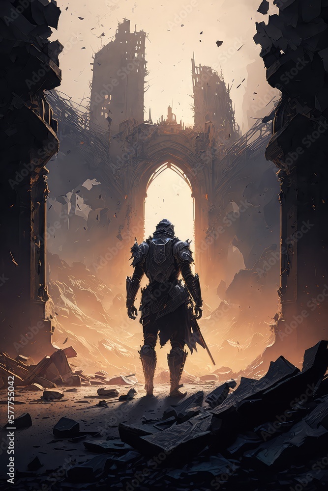 Fantasy book cover. Children`s book cover. A kingdom in ruins, with a ...