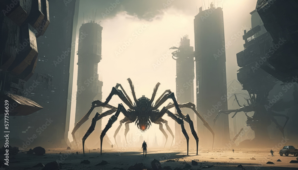 Generative AI of a giant spiders attacking a futuristic city Stock ...