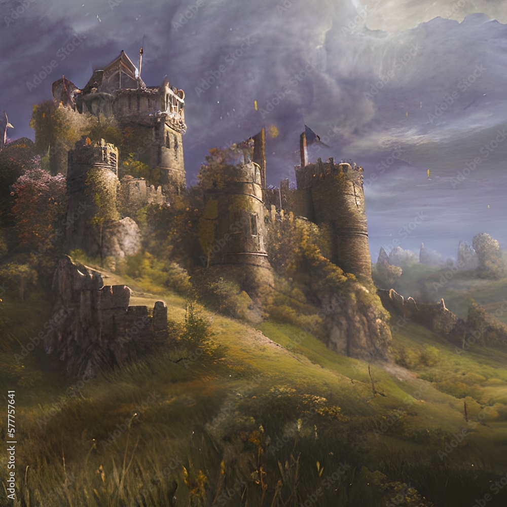 Massive medieval castle with fortifications in the style of Baroque ...