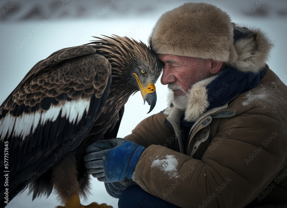Friendship between an old man and an eagle. Generative AI. Stock ...