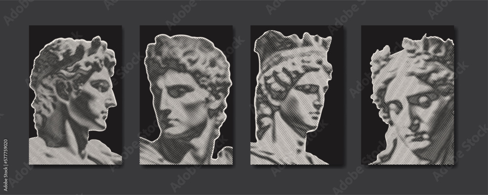 Antique greek statues in engraved line pattern. Renaissance sculpture ...