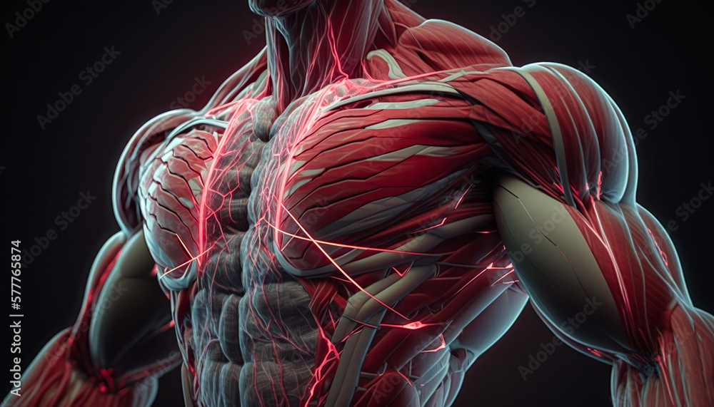 human muscle anatomy chest, arms, shoulders, abdominals, torso with ...